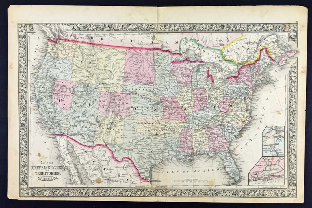 Old Map of the United States & Territories Mitchell 1864 Antique Map of ...
