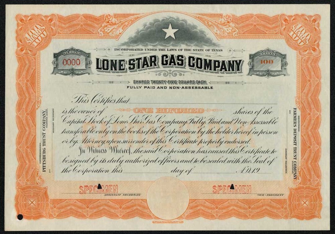 1909 Lone Star Gas Co Specimen Stock Certificate - Now Enserch - Fort ...