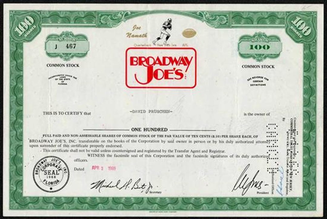 Broadway Joes Stock Certificate - Joe Namath - New York Jets - Etsy