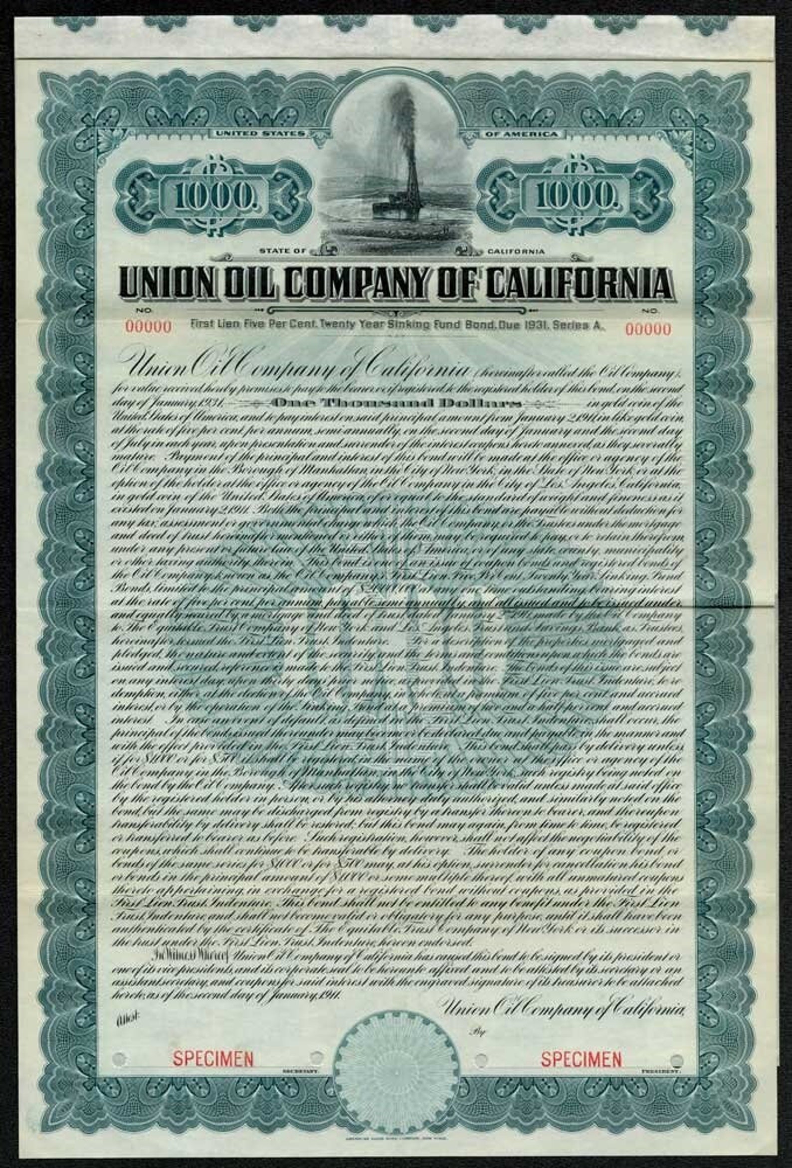 1911 Union Oil Company of California (unocal) Gold Bond Certificate ...