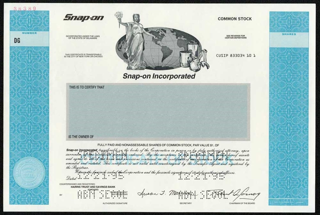 Snap-on, Inc. Specimen Stock Certificate - Snap-on Tools - Etsy