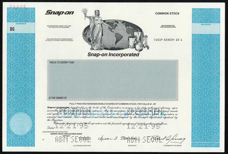 Snap-on, Inc. Specimen Stock Certificate - Snap-on Tools - Etsy