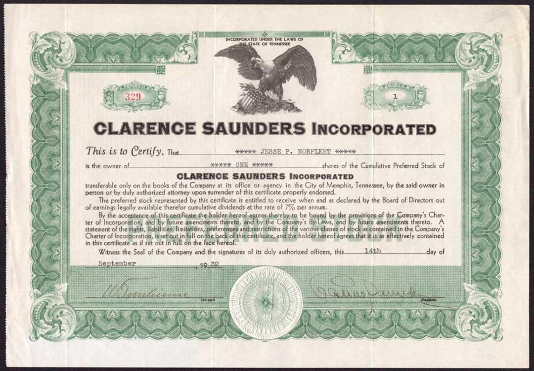 Clarence Saunders Inc. Stock Certificate - Piggly Wiggly Founder ...