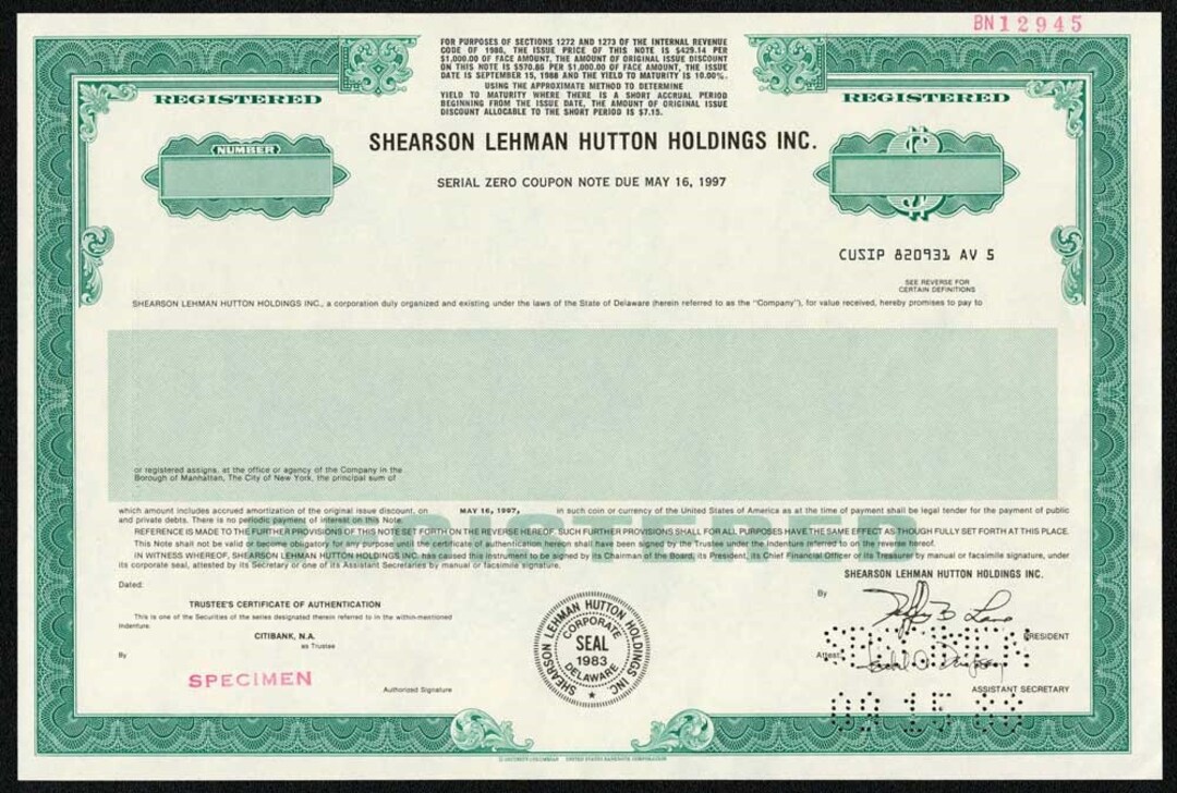 Shearson Lehman Hutton Bond Certificate - Specimen - RARE - Now Morgan ...