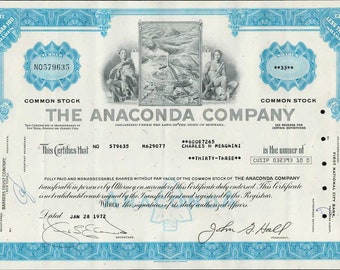 The Anaconda Company Stock Certificate 1970s Mining Company - Etsy
