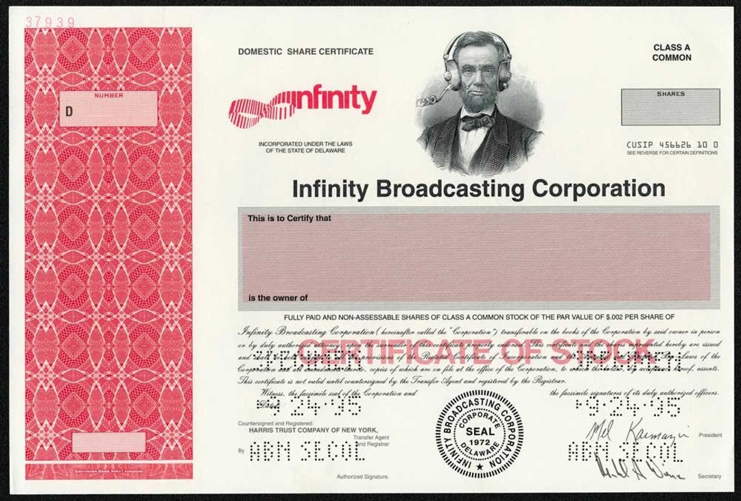 Infinity Broadcasting Corp. Specimen Stock Certificate - Etsy