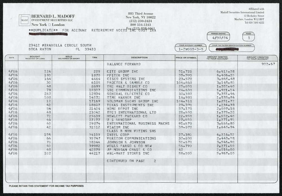 Bernie Madoff Account Statement 2004 Bernard L Madoff Investment ...