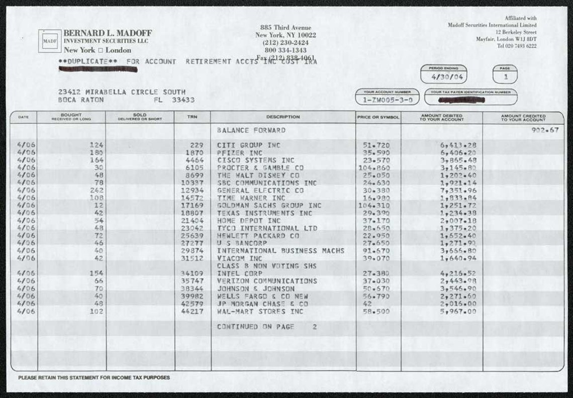 Bernie Madoff Account Statement 2004 Bernard L Madoff Investment ...