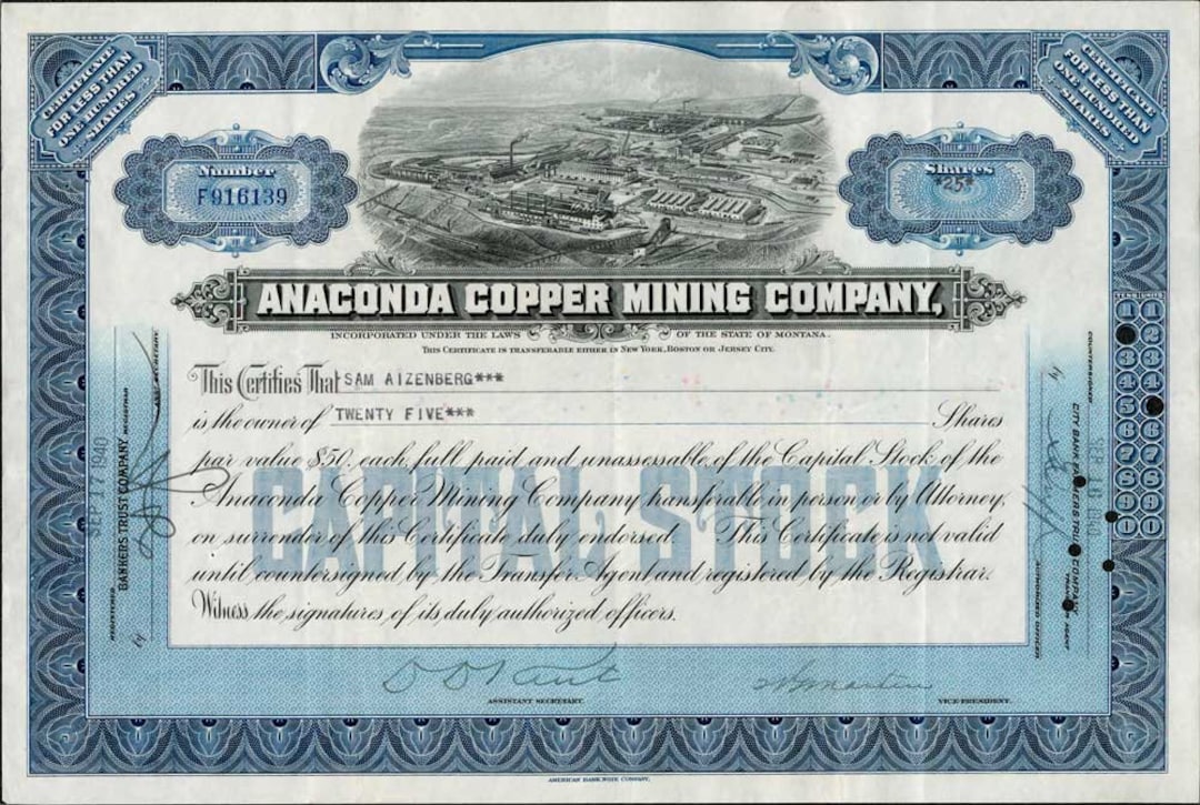 The Anaconda Copper Mining Company Stock Certificate - Etsy