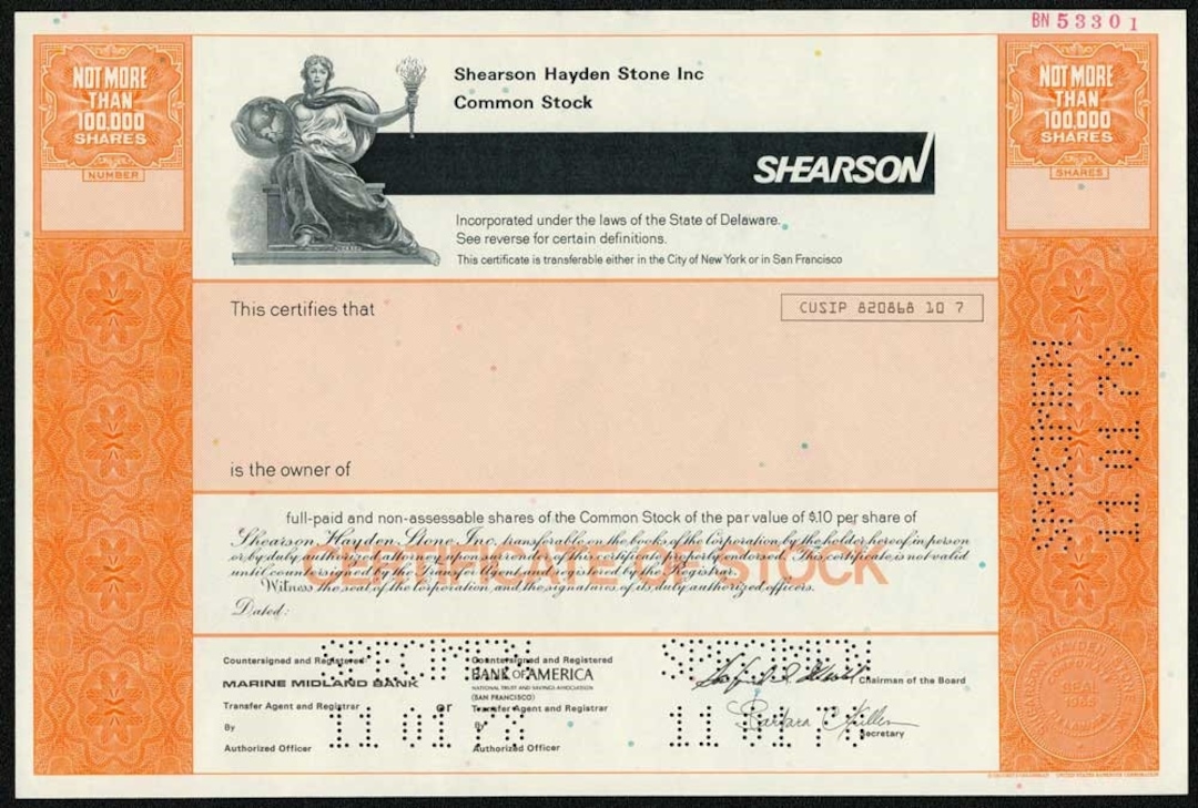 Shearson Hayden Stone Specimen Stock - 1978 - Now Morgan Stanley - Etsy