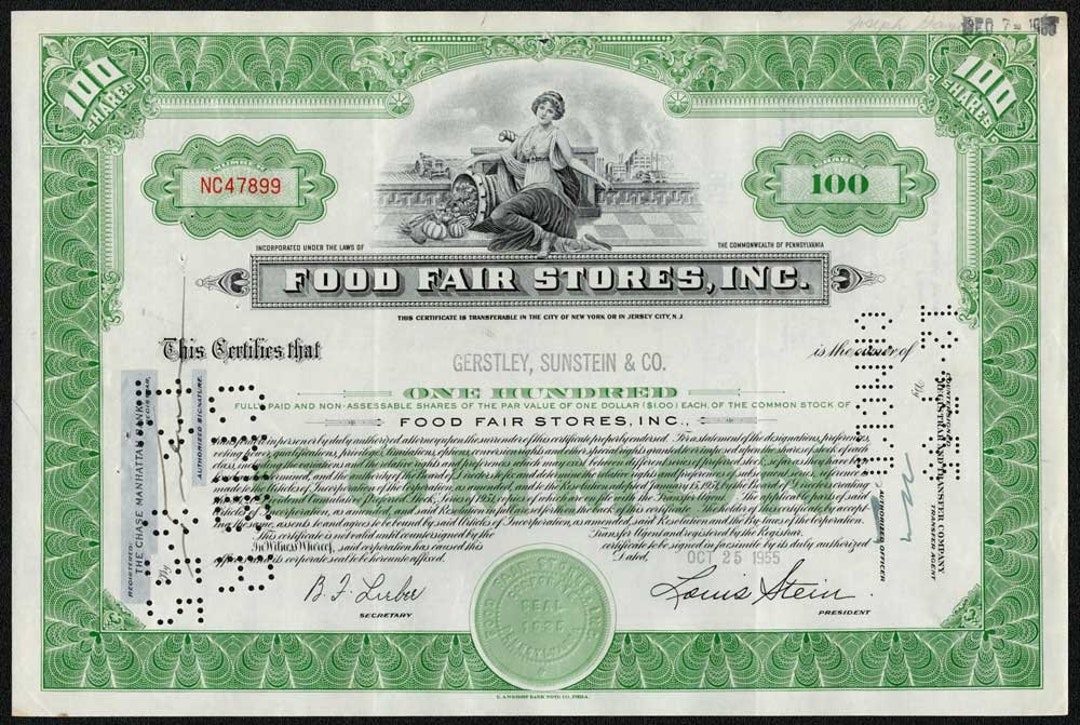 Food Fair Stores, Inc. Stock Certificate - Etsy