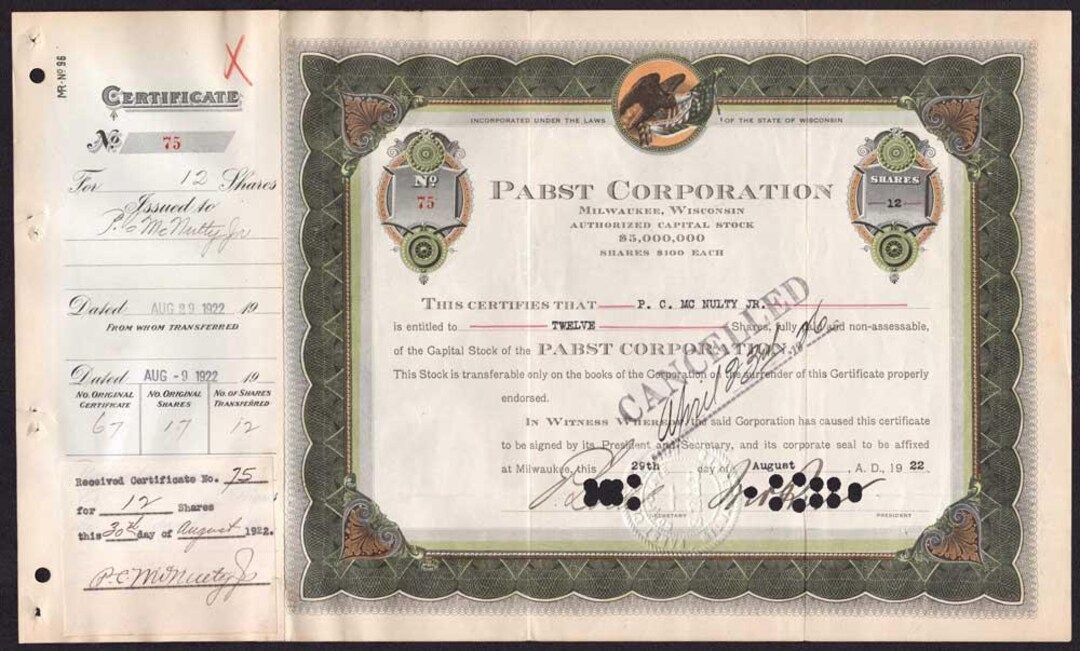 1922 Pabst Corp Stock Certificate Signed by Fred Pabst Jr. - Etsy