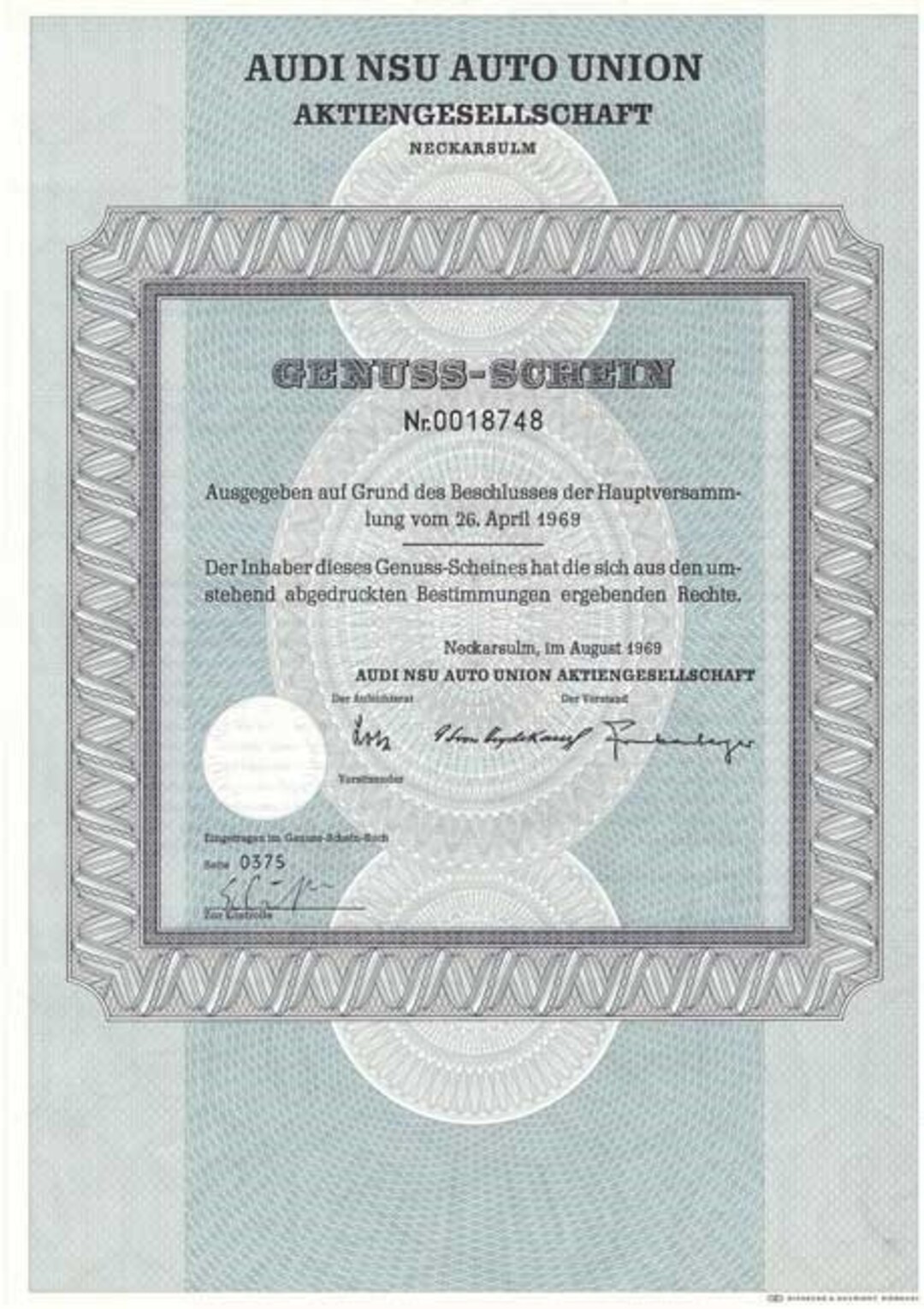Audi Stock Certificate German Rare 1969 - Etsy