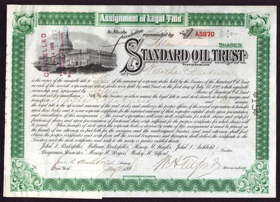 Standard Oil Trust Stock Certificate Transferred to J.D. Rockefeller ...