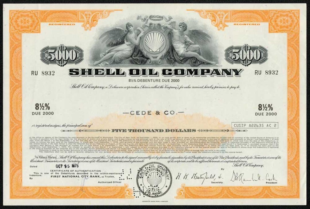 Shell Oil Company 5,000 Bond Certificate - Now Royal Dutch Shell - Etsy