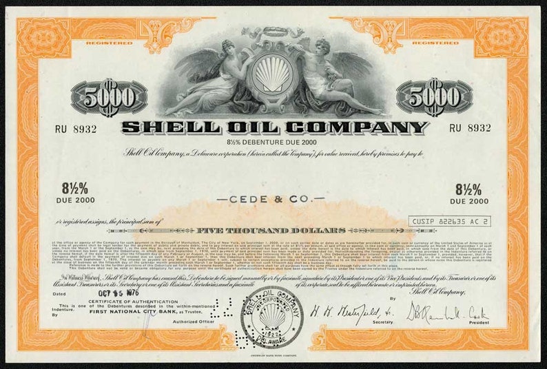 Shell Oil Company 5,000 Bond Certificate - Now Royal Dutch Shell - Etsy