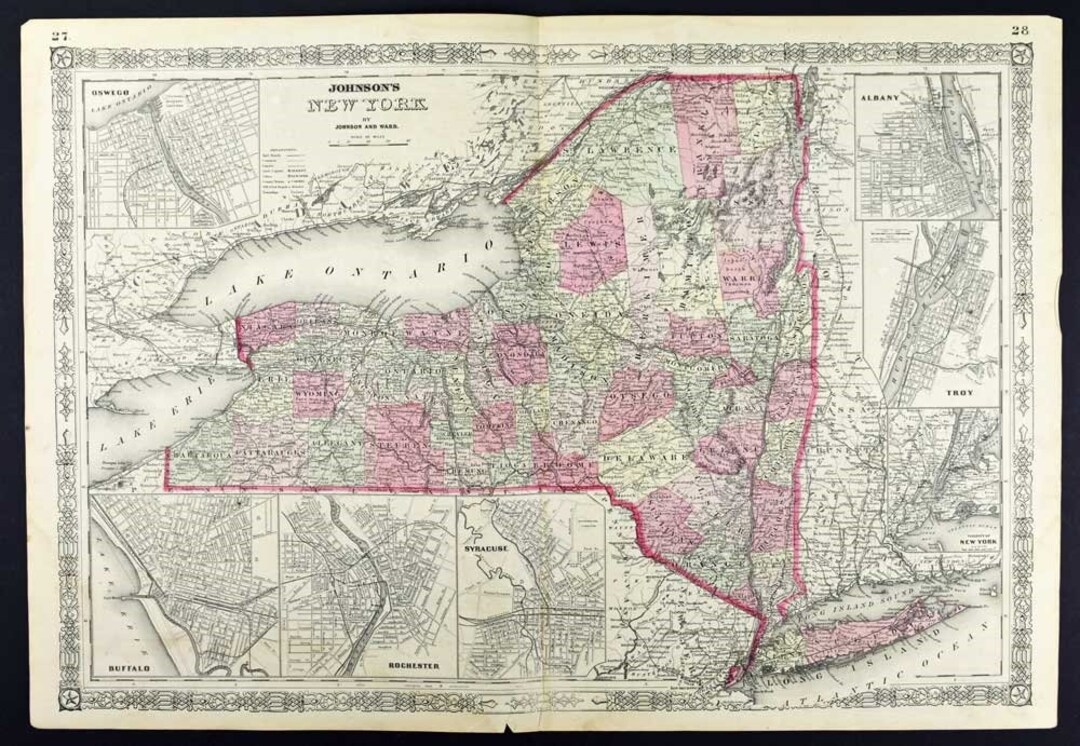 Johnson's Antique Map of New York - 1864 - Hand-colored Old Map of New ...