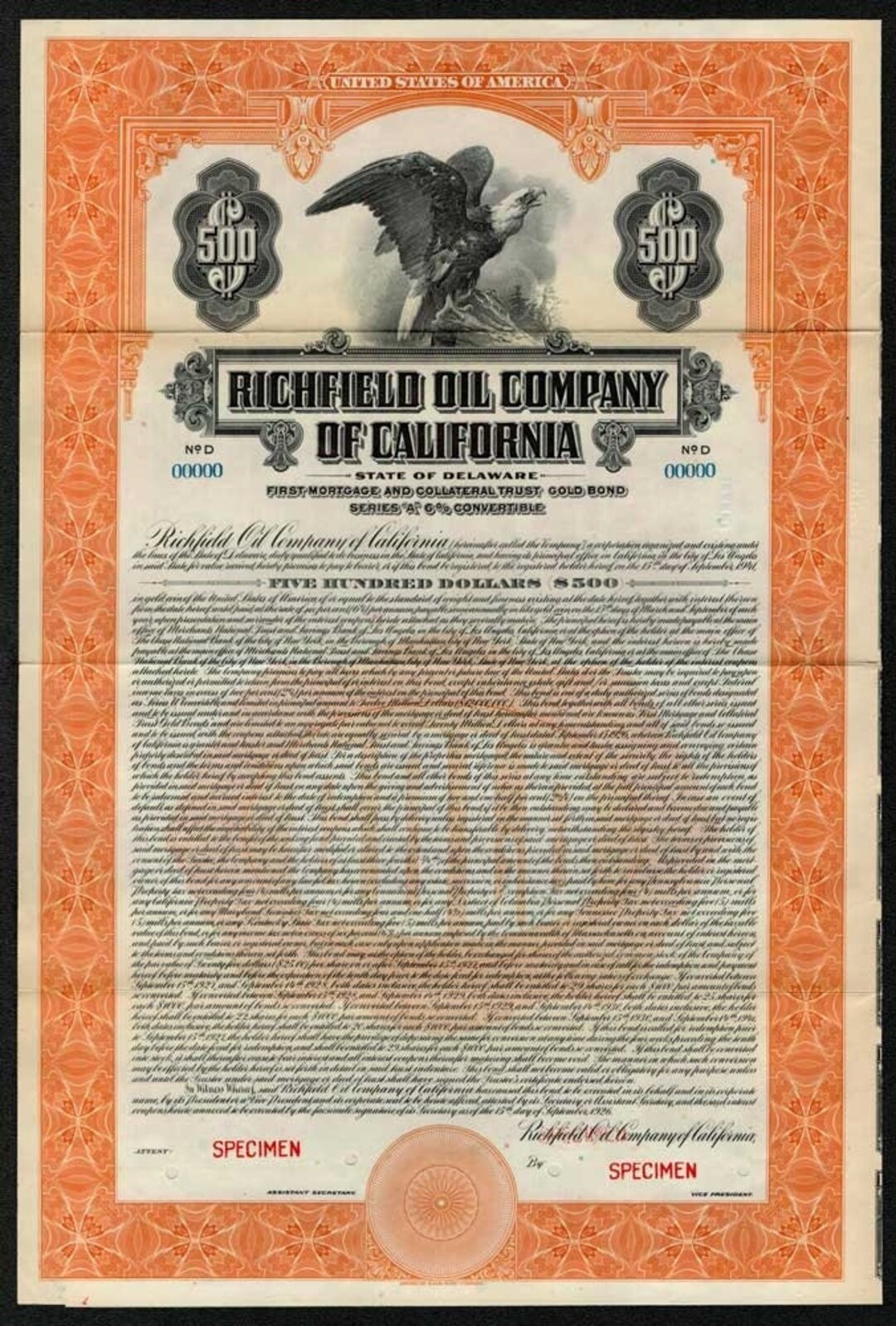 1926 Richfield Oil Company of California Gold Bond Certificate ...