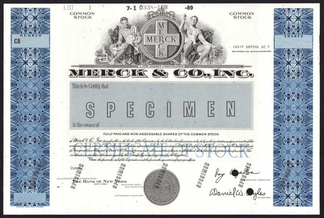 Merck & Co., Inc. Specimen Stock Certificate RARE 1989 - Etsy