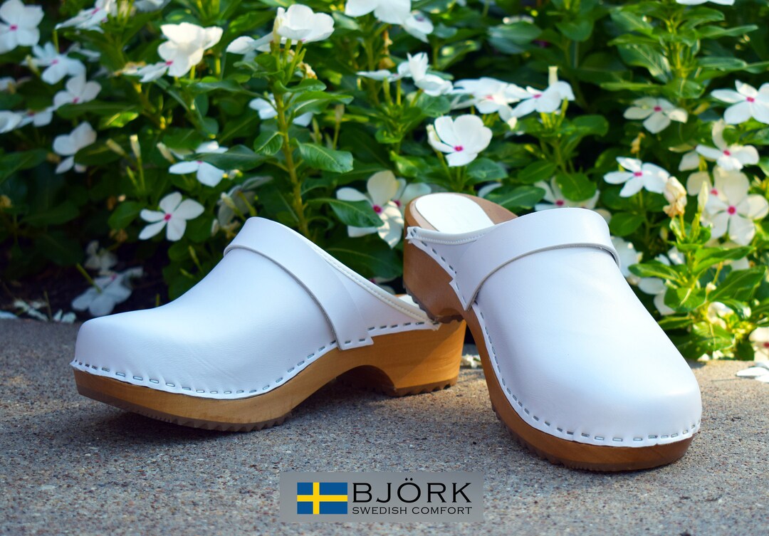 Maja Wood Open Back White Leather Clogs - Etsy