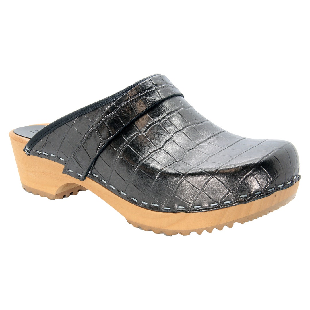 Maja Wood Open Back in Gunmetal Croco Metallic Leather Clogs - Etsy