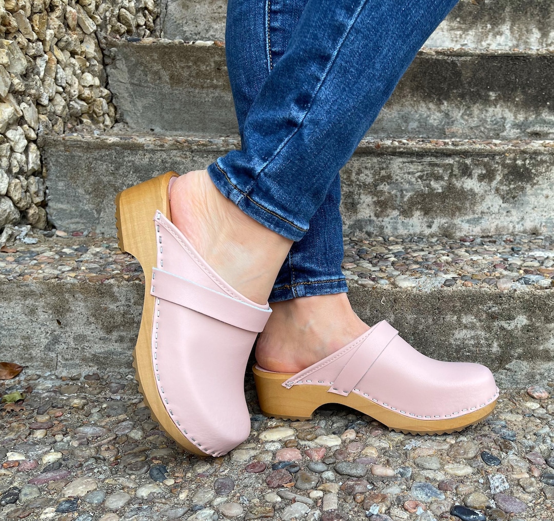 Maja Wood Open Back Pink Leather Clogs - Etsy
