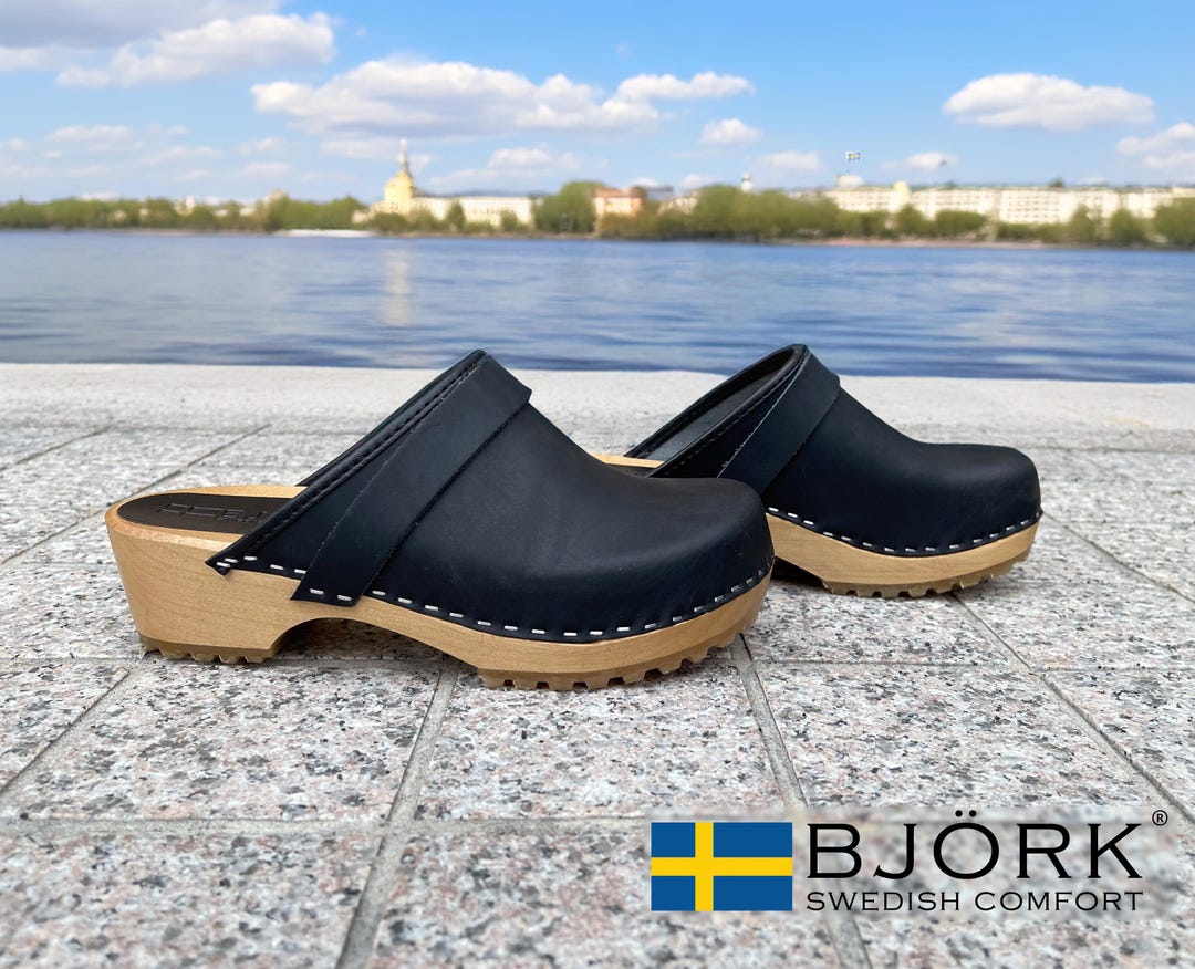 BJORK Tuva Wood Open Back Grippy Black Oiled Leather Clogs - Etsy