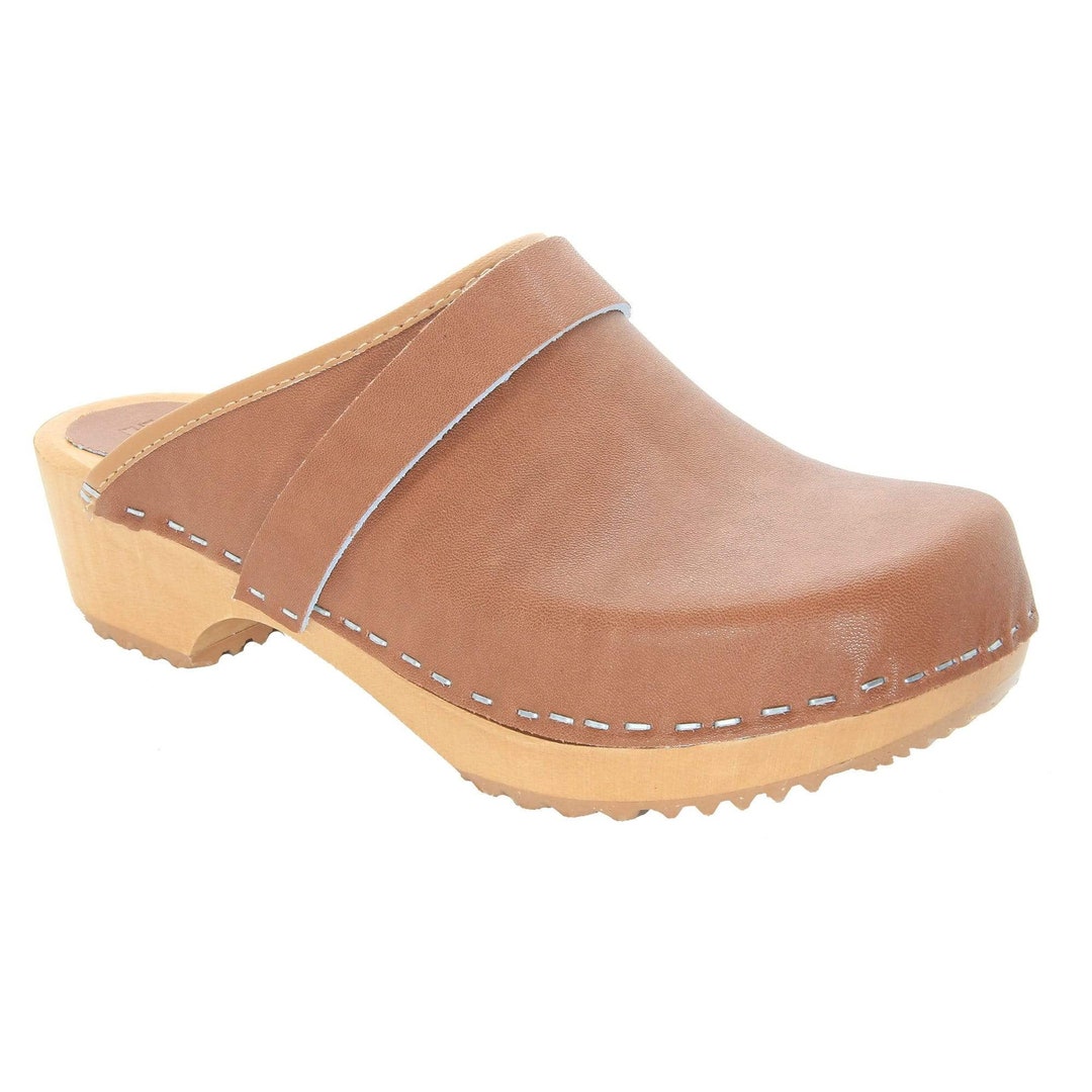 Maja Wood Open Back Brown Leather Clogs - Etsy