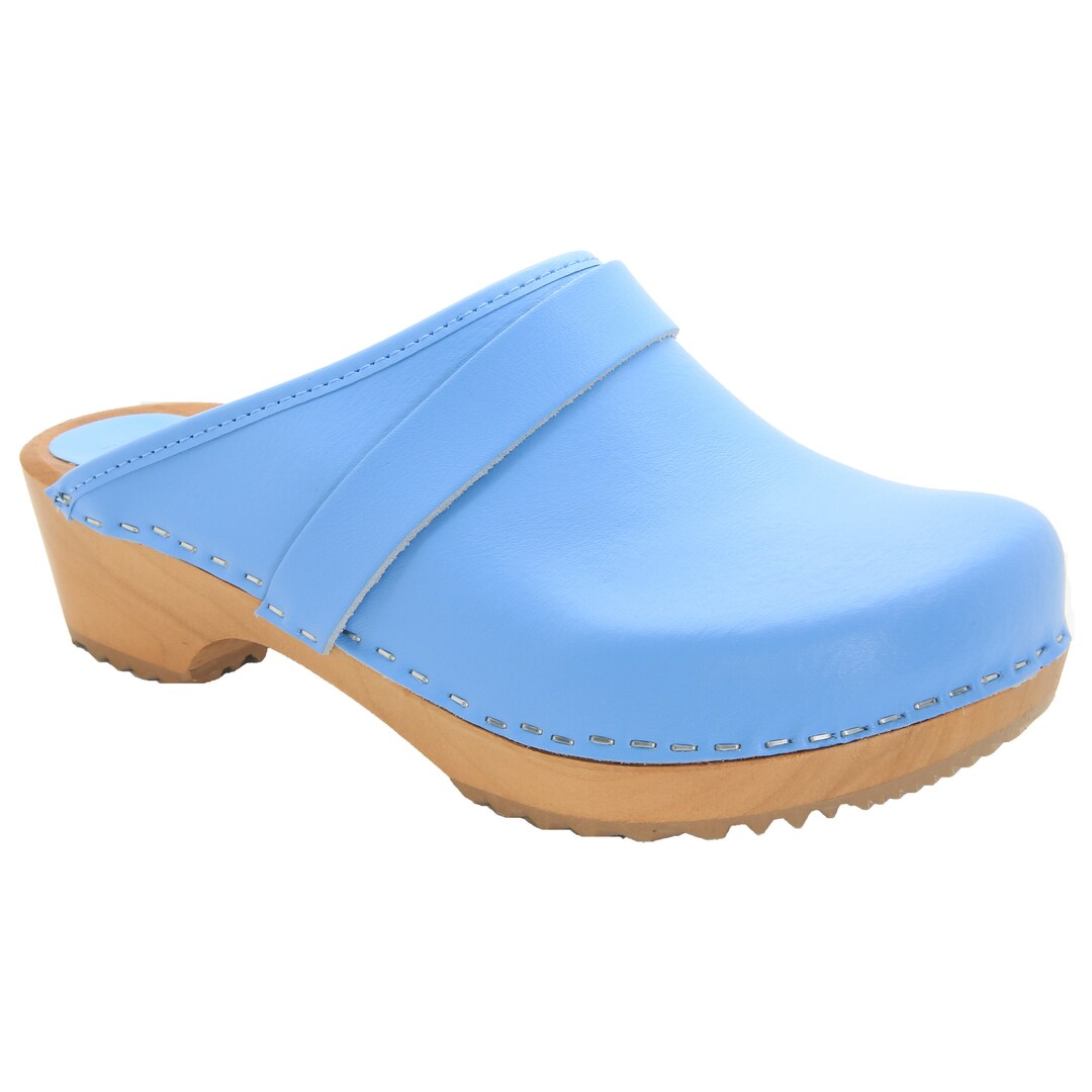 Maja Wood Open Back Light Blue Leather Clogs - Etsy