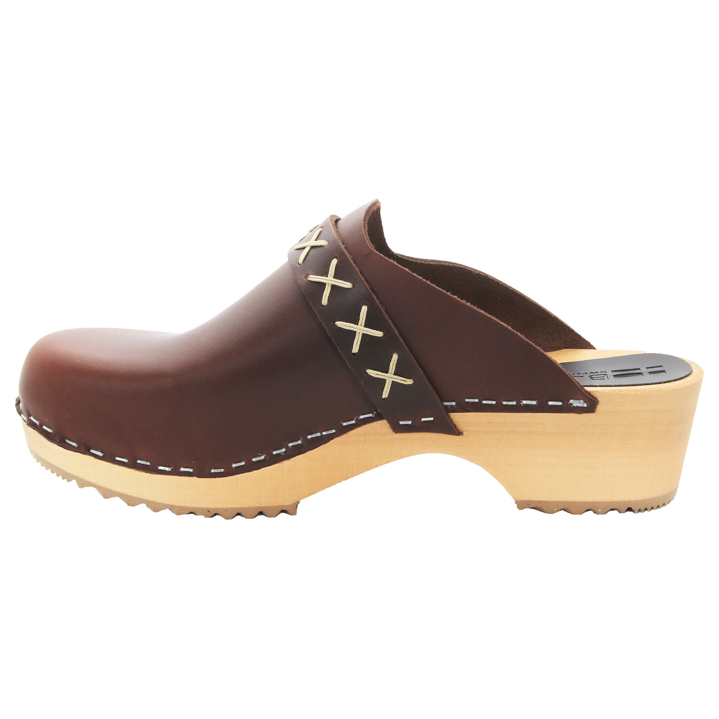 Pixie Wood Open Back Full Grain Leather Clogs in Brown With Stitching ...