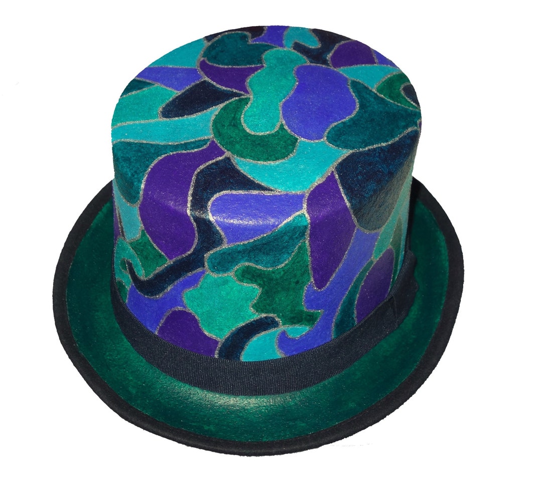 Unique Top Hat Hand-painted Blue / Green Tones L 59 Cm Festival ...