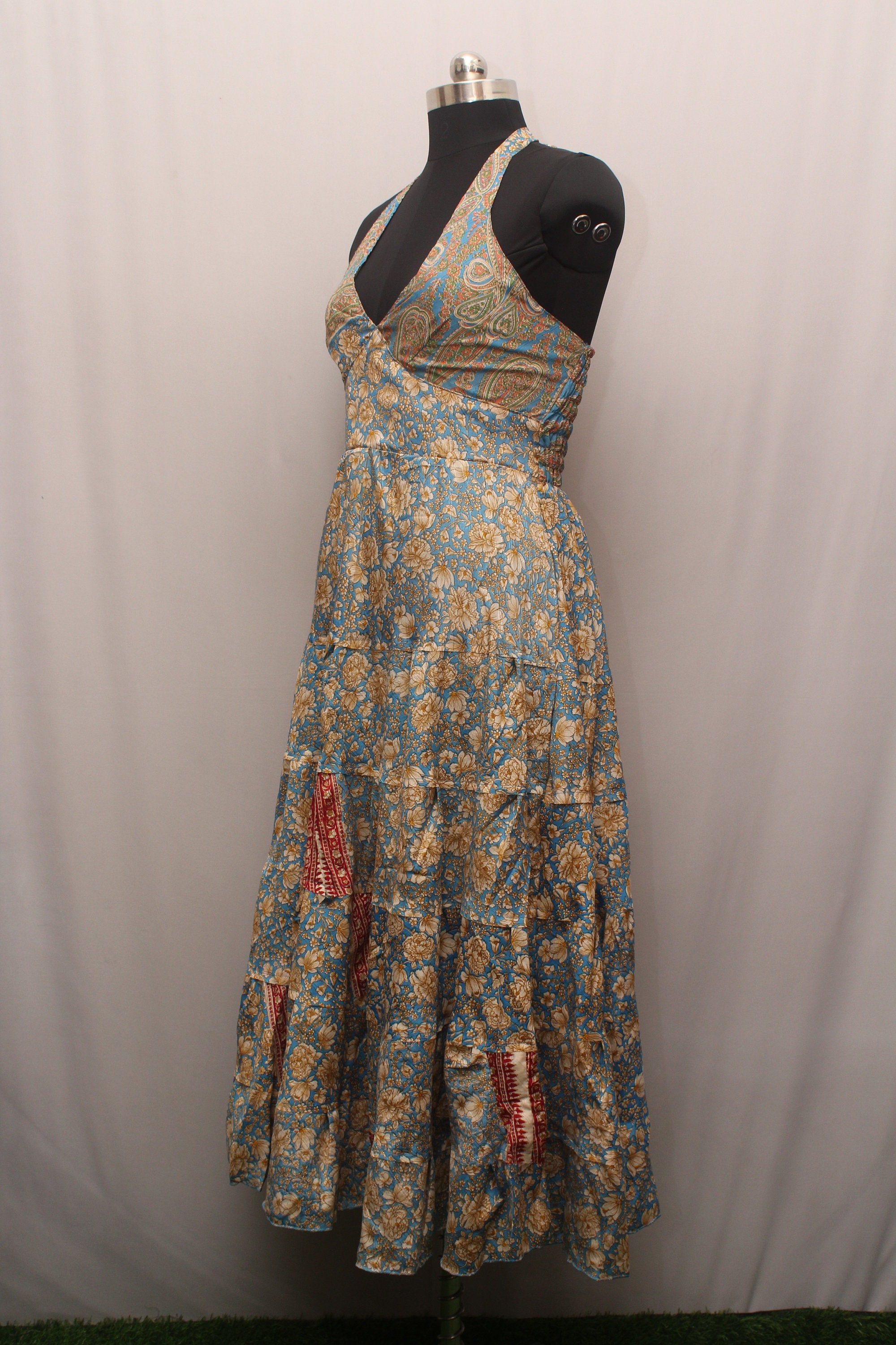 Backless Sari Silk Maxi Dress: Boho V-neck Sundress - Etsy