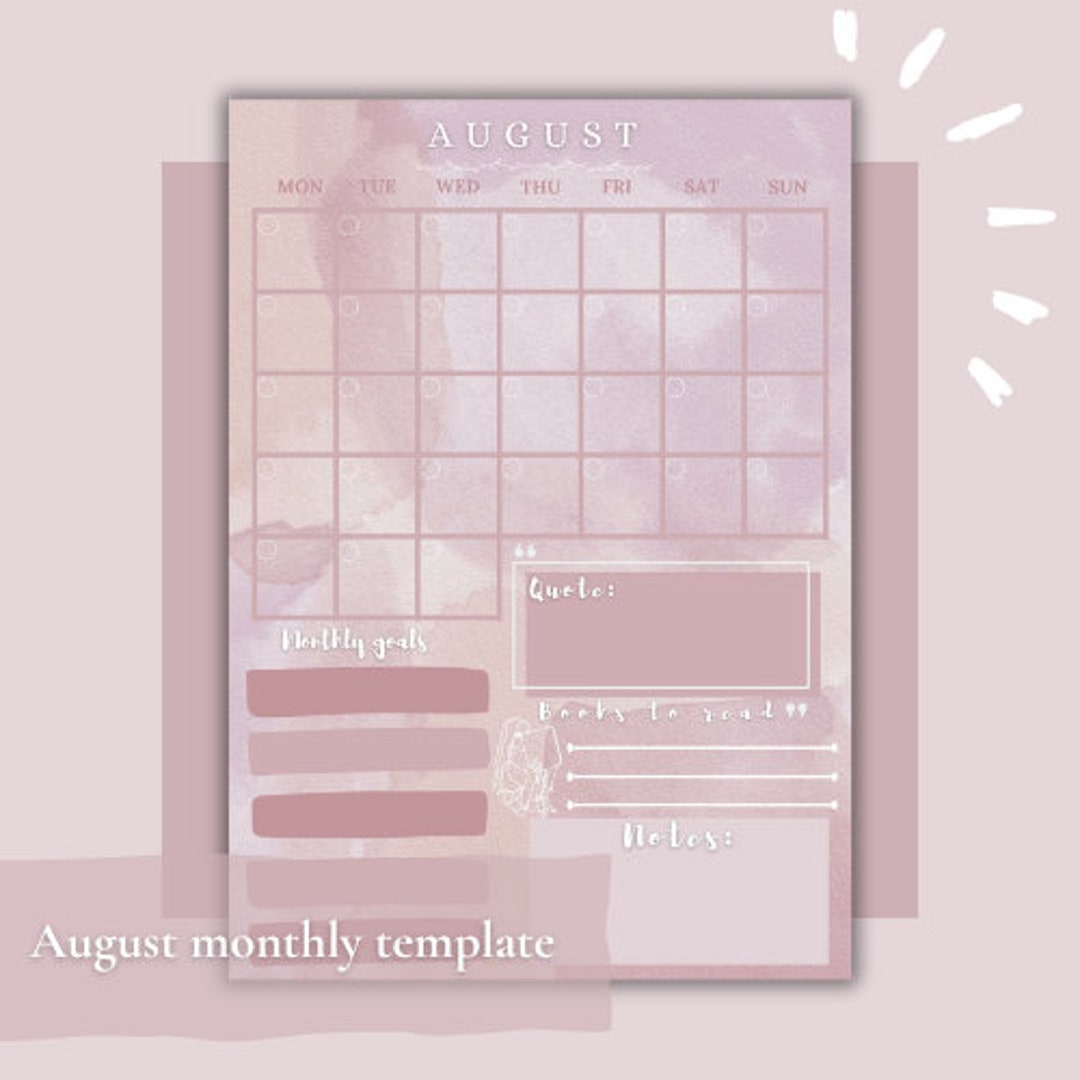 Monthly Planner Template - August (digital Download) - Etsy