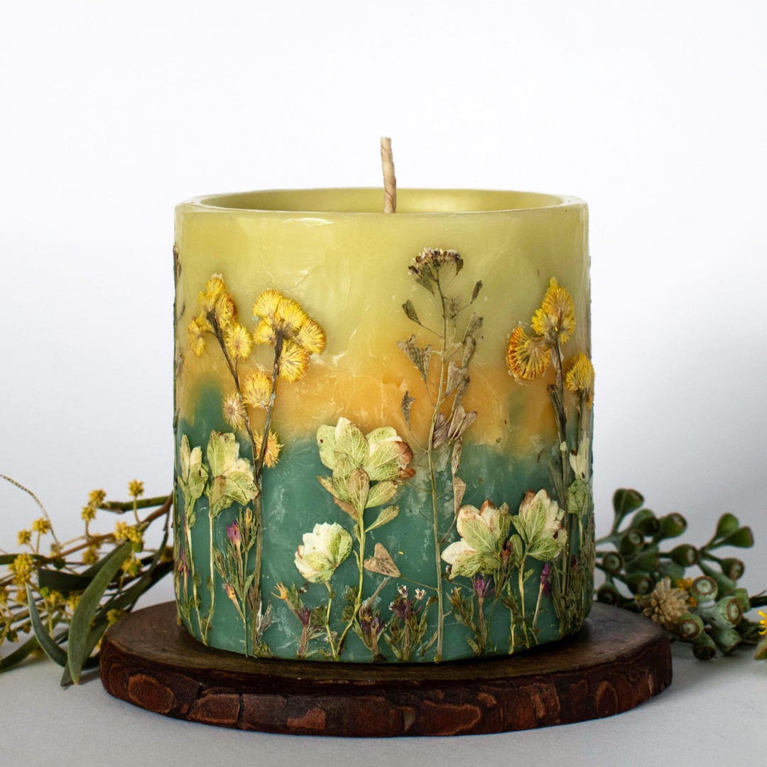 Beeswax Botanical Candle With Wood Slice Plate, Natural Beeswax Candle, Beeswax Candle, Beeswax ...