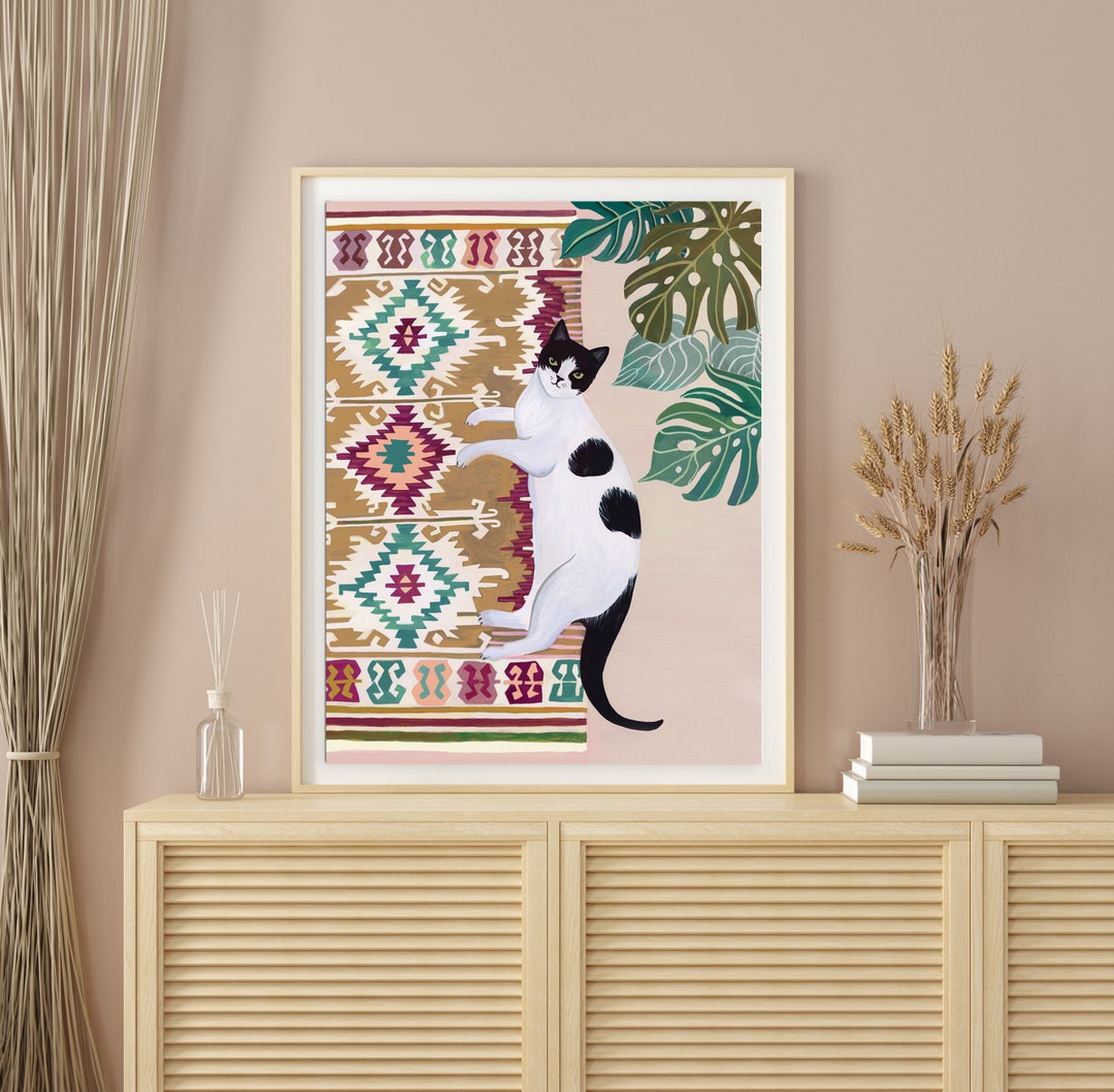 Cat and Rug Art Print | Whimsical Gouache Painting by Christine De ...