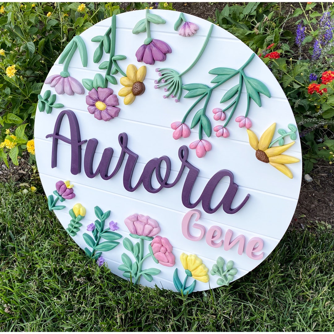 Floral Wood Name Sign | Custom Floral Nursery Name Sign | Floral ...
