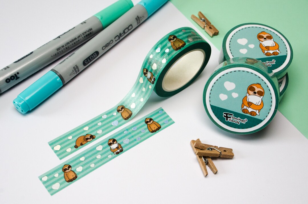 Washi Tape Sloth, Hearts With Shimmering Metallic Foil, 10m X 15mm ...