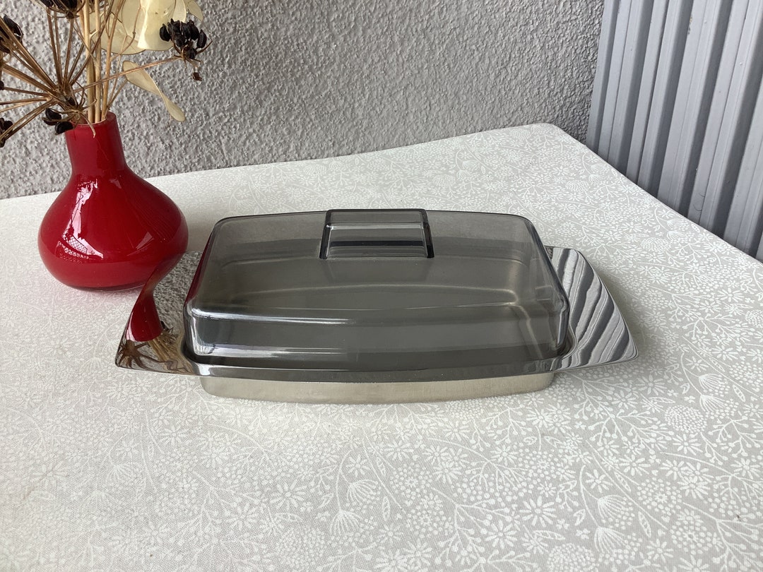 Seventies Butter Dish in Stainless Steel and Smoked Plastic Letang-remy ...