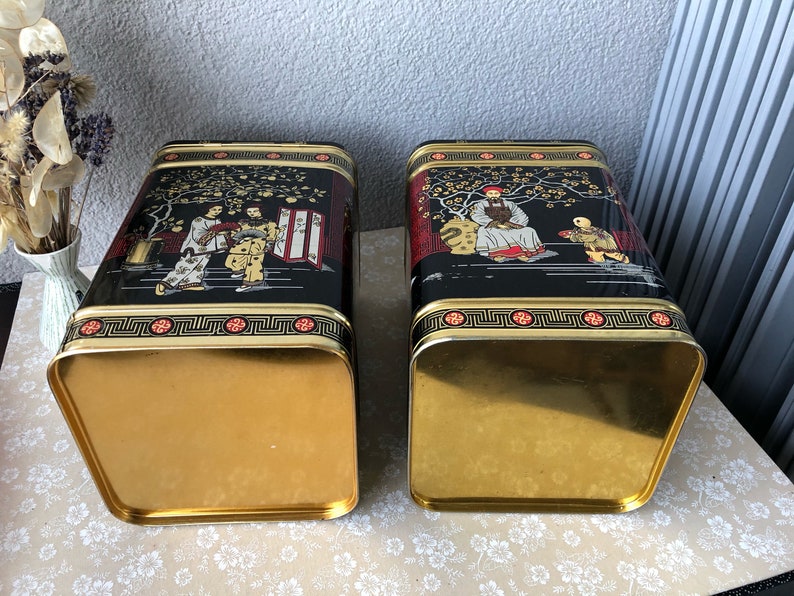 Seventies Asian Oriental Metal Tea Tins Container Made in - Etsy