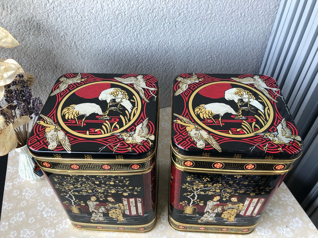 Seventies Asian Oriental Metal Tea Tins Container Made in - Etsy