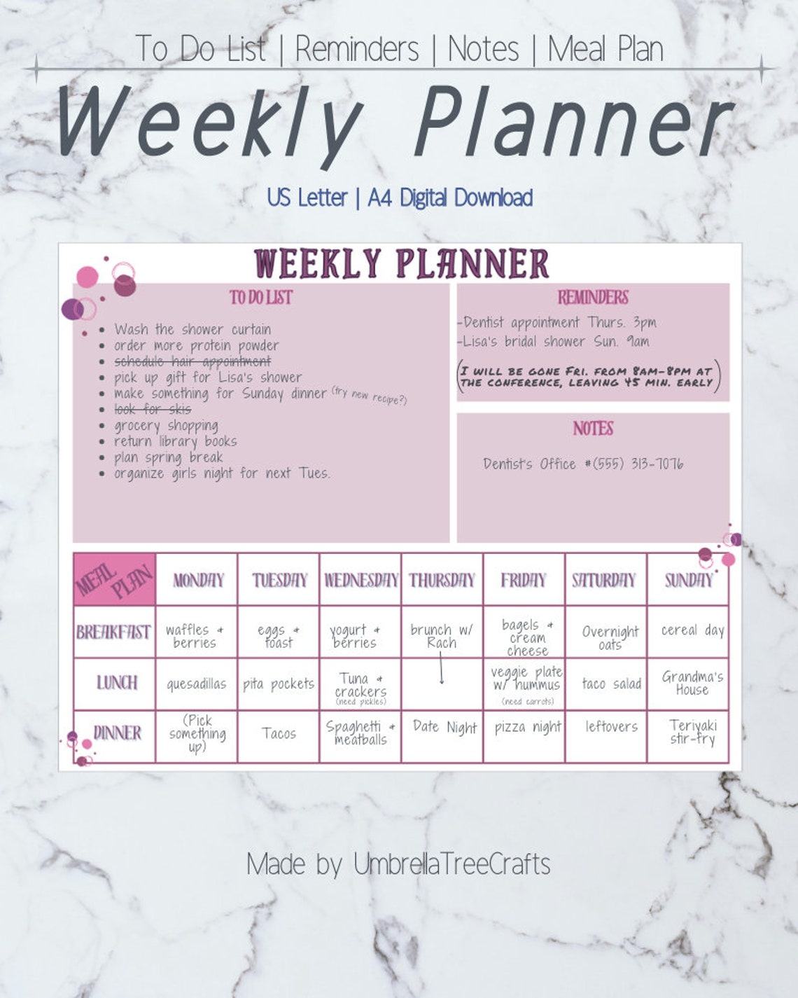 Weekly Planner Printable Landscape Organizer, Meal Plan Schedule ...
