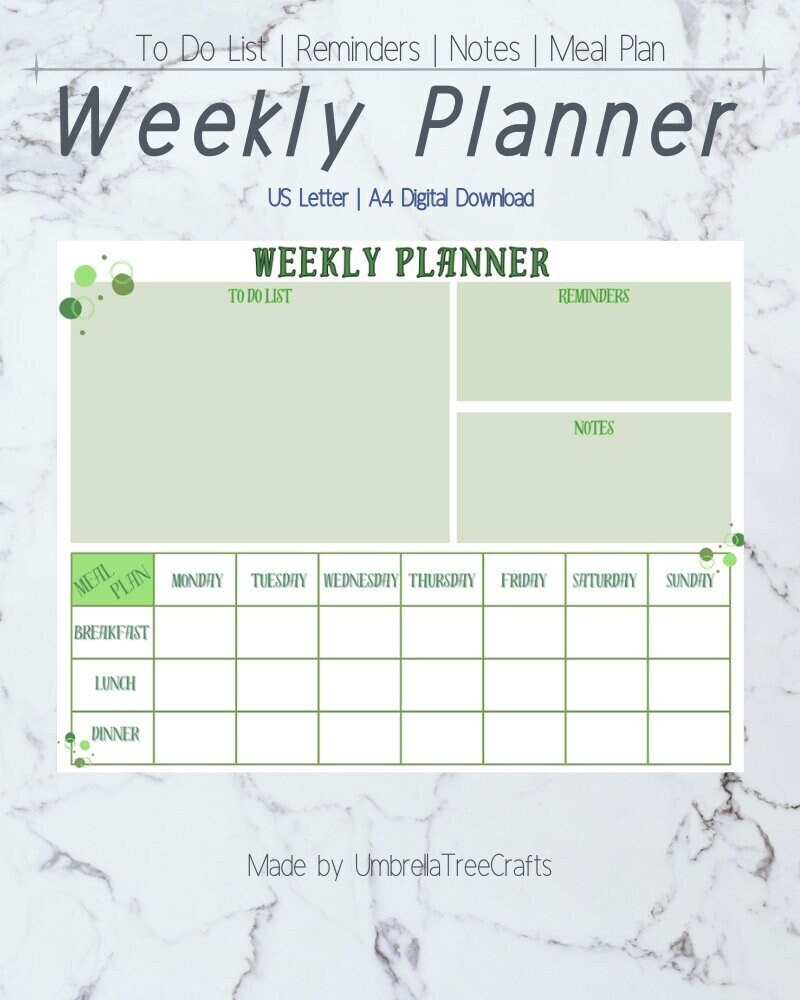Weekly Planner Printable Landscape Organizer, Meal Plan Schedule ...