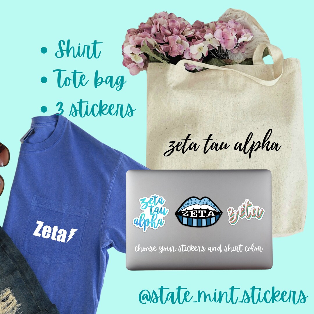 Zeta Tau Alpha Sorority Gift Basket 1 Pocket Tee, 1 Tote Bag, 3 ...