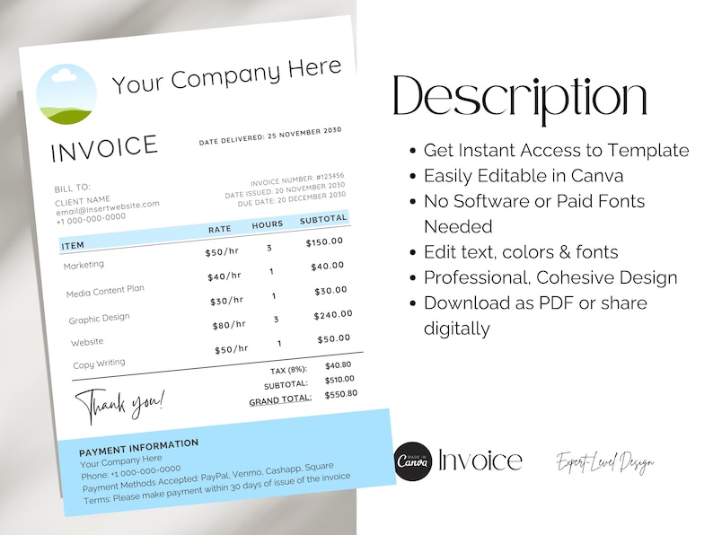 Editable Invoice Template Canva With Logo for Local Business Invoice ...