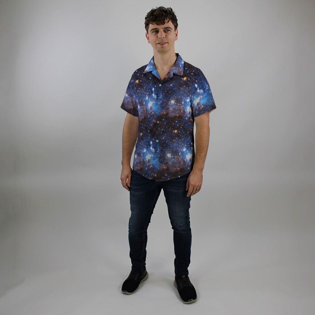 Blue Brown Galaxy Space Button Up Shirt | Astronaut Shirt, Outer Space ...