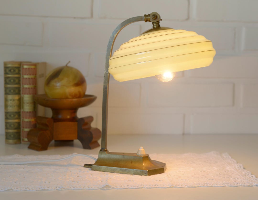 Antique Desk Lamp / Original Art Deco / Table Light / Mint Green Glass ...