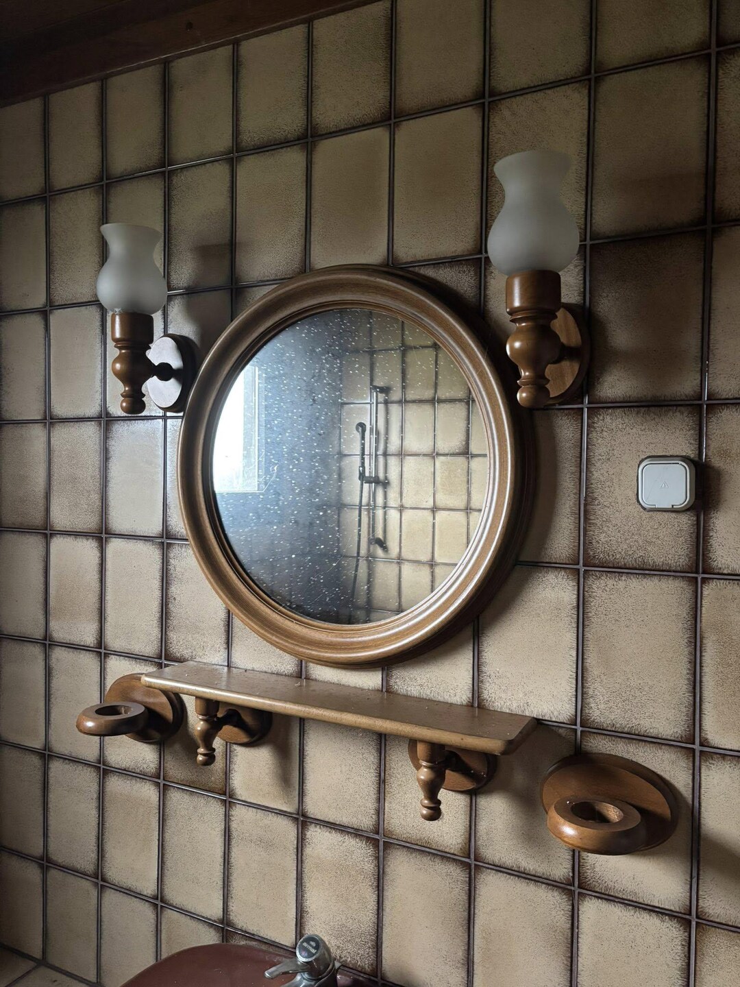 Vintage Wooden Bathroom Set: Mirror, Shelf, Sconces, Towel Rack - Etsy