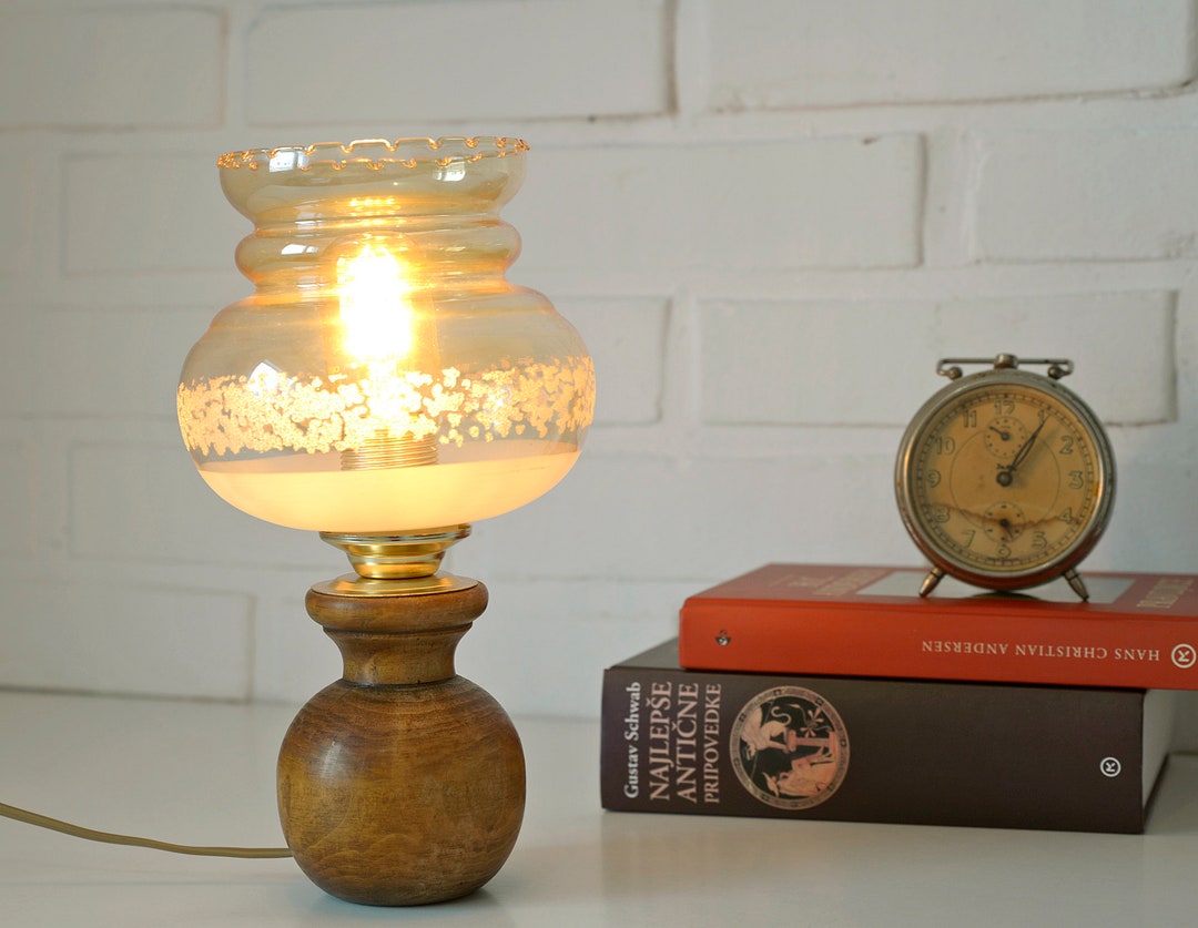 Vintage Bedside Lamp / Wood Rustic Table Lamp / Amber Glass Light ...