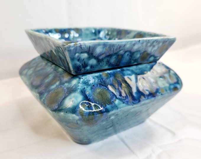 Small Blue Speckled Ceramic African Violet Pot W/ Built-in Water Tray ...