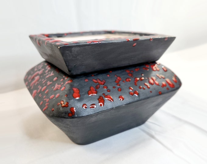Small Matte Black Ceramic Square African Violet Plant Pot W/ Glossy Red ...